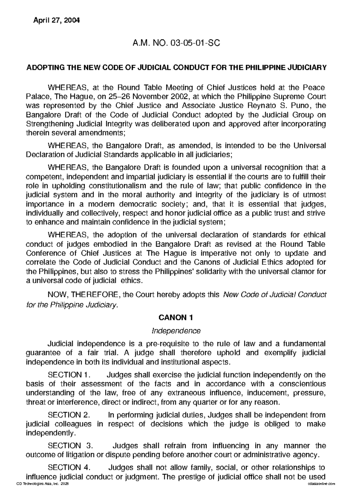 New Code of Judicial Conduct for the Philippine Judiciary (CDTAbench ...