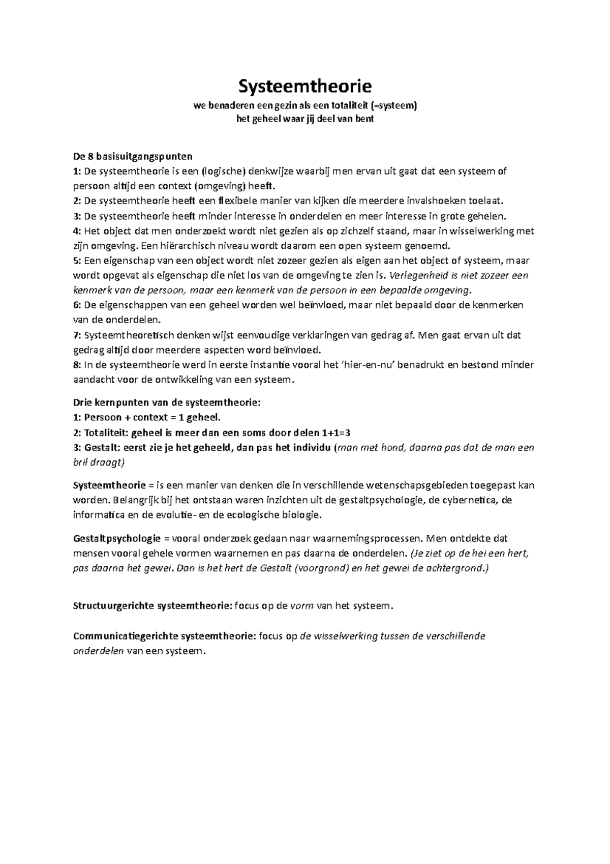 Samenvatting systeemtheorie en kernconcepten in de Psychologie ...