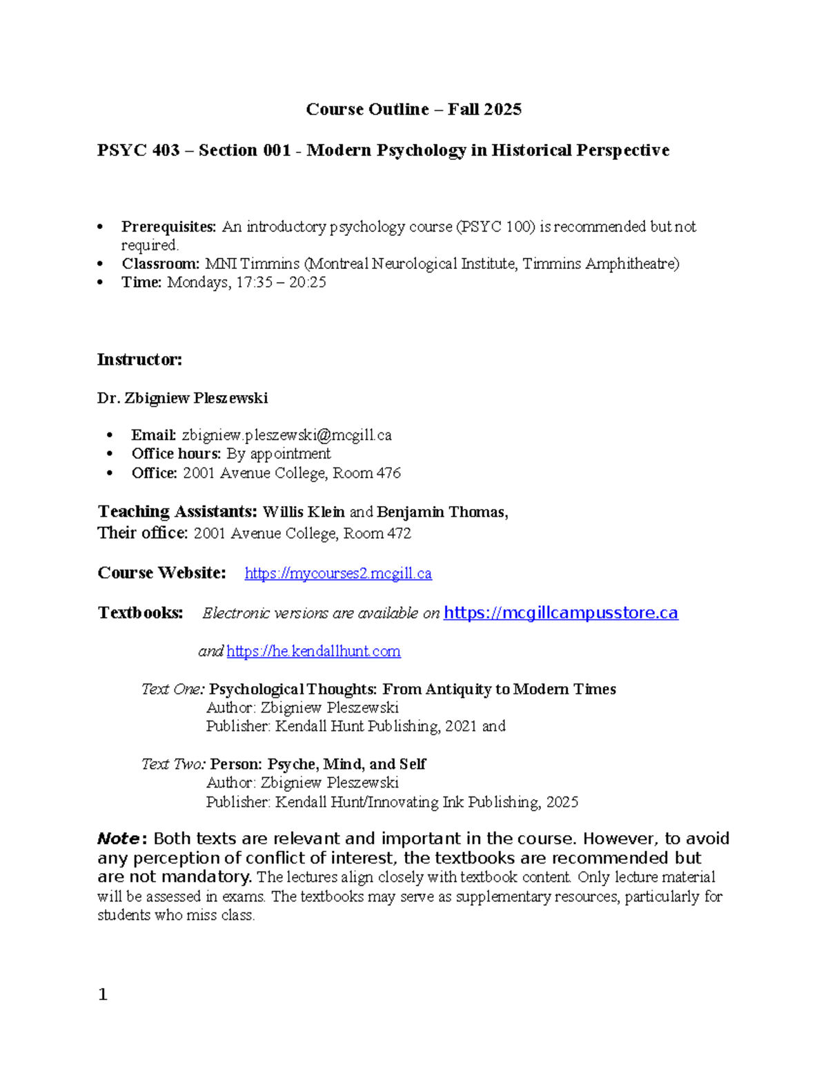 Course Outline Fall 2025 PSYC 403: Modern Psychology Perspectives - Studocu