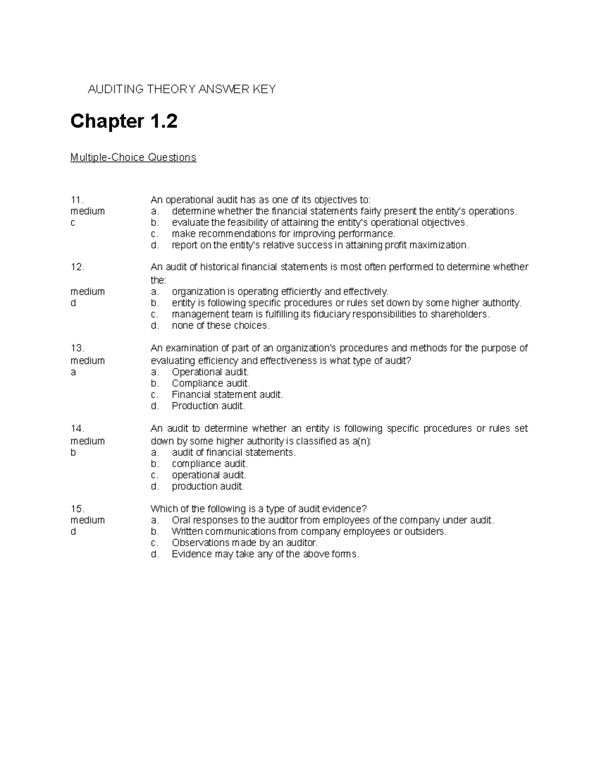 Auditing Theory Answer KEY 5 - AUDITING THEORY ANSWER KEY Chapter 1. Multiple-Choice Questions ...