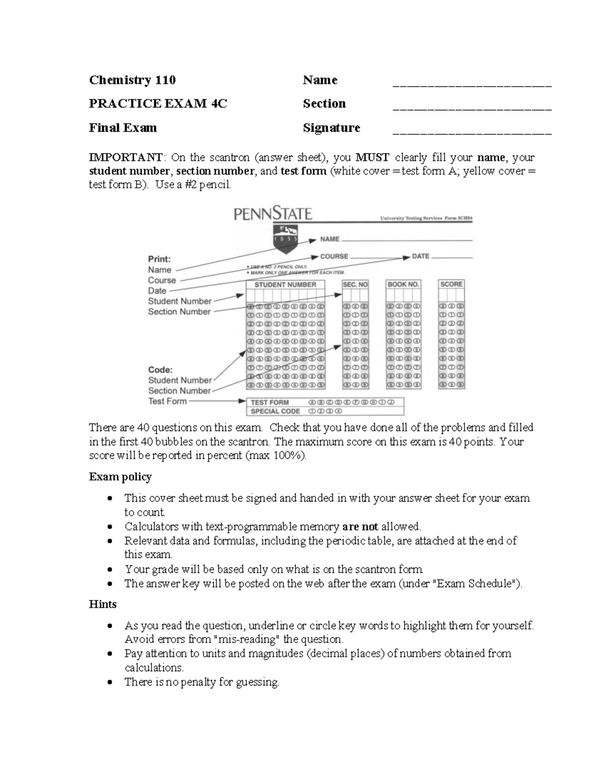 Chemistry 110 Final Exam Practice - Exam 4C - Studocu