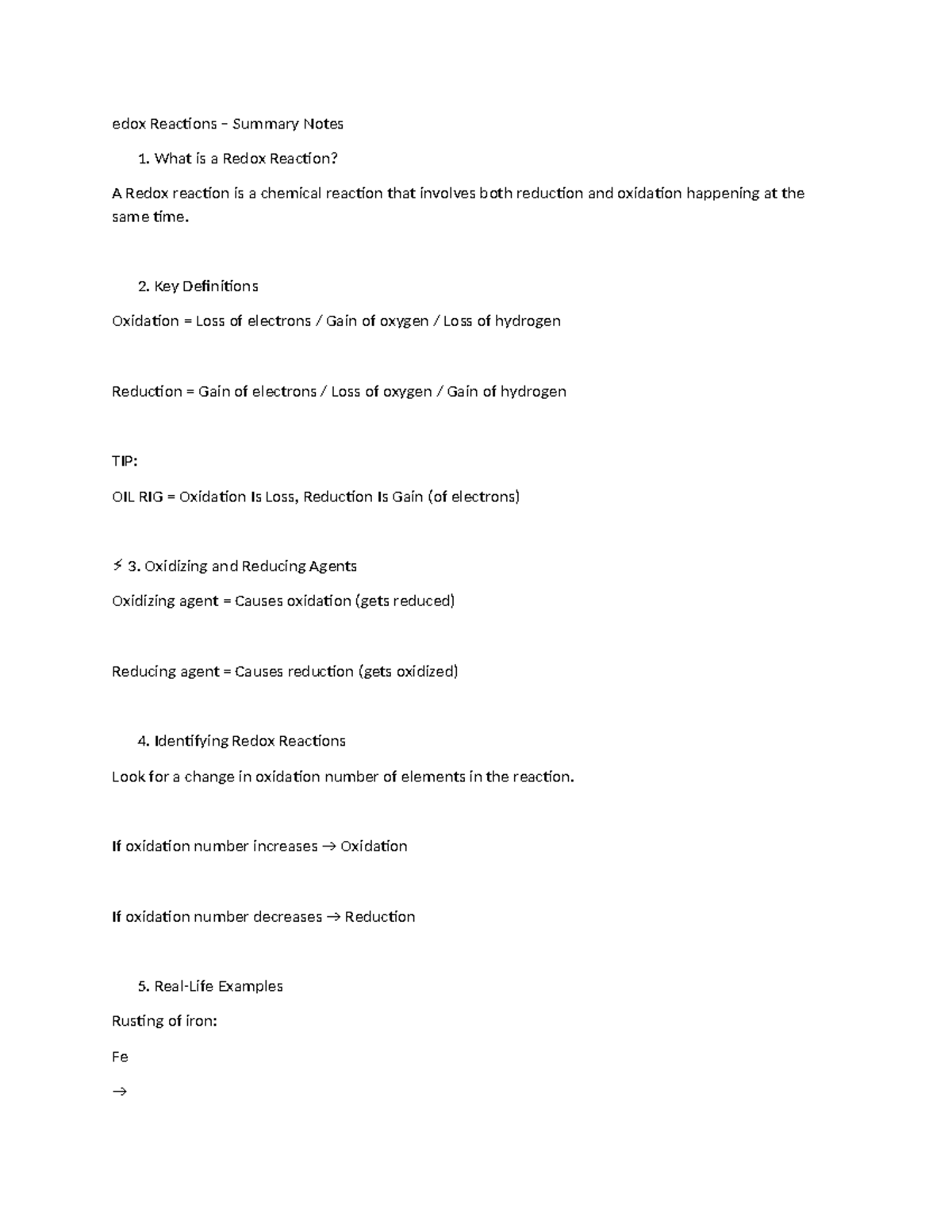 Redox Reactions: Summary Notes and Key Concepts - edox Reactions ...