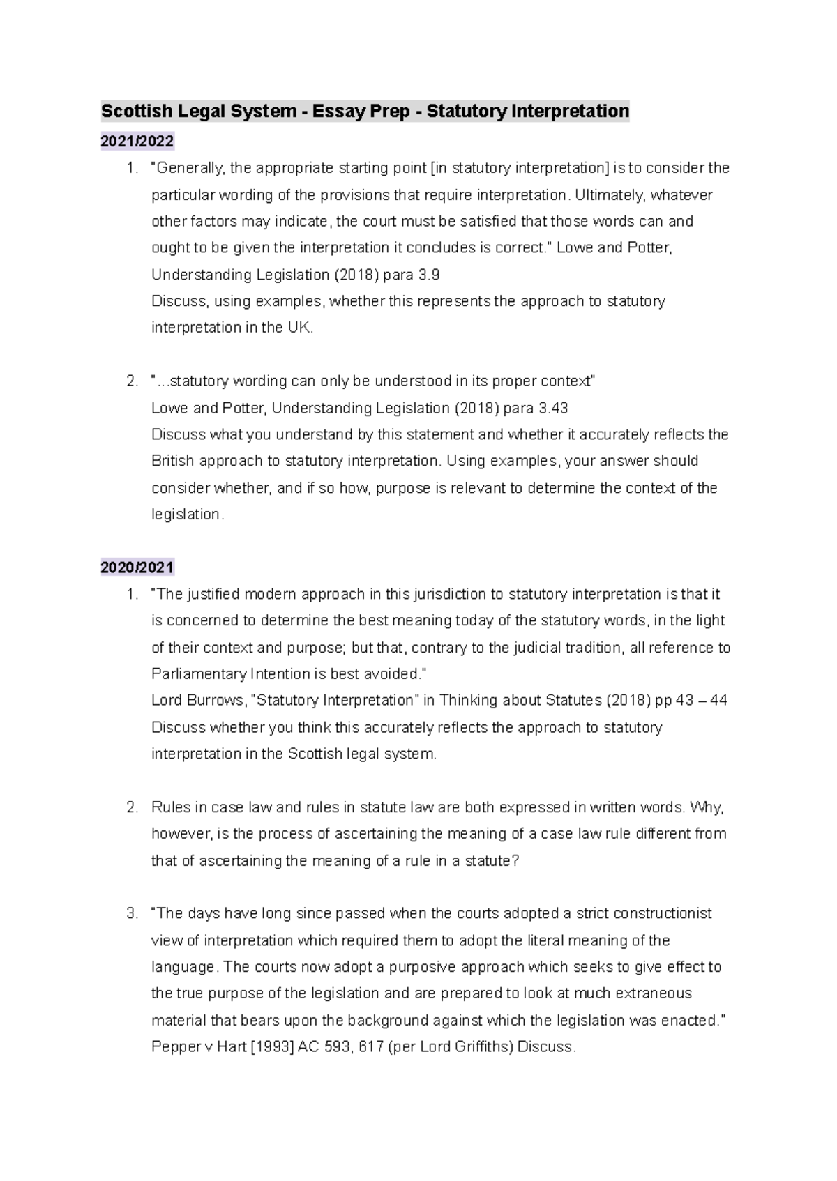 SLS - Essay Prep - Statutory Interpretation Past Paper Questions - Studocu