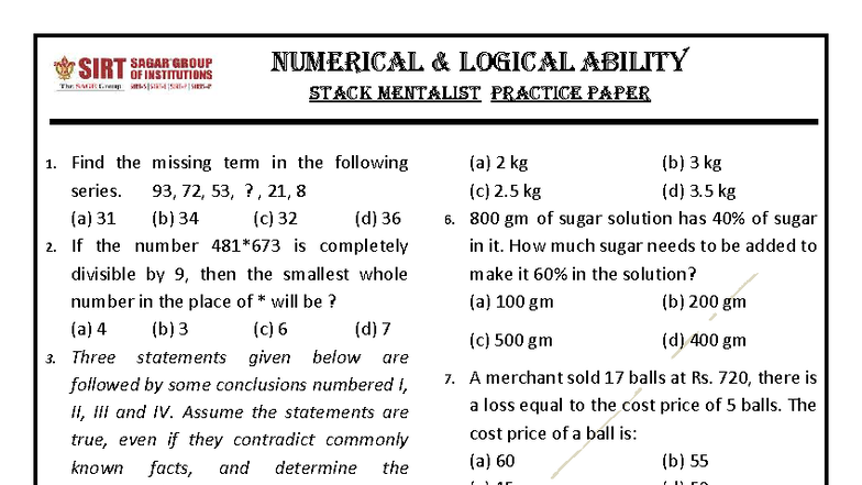 Numerical Logical Ability Practice Paper - Stack Mentalist - Studocu
