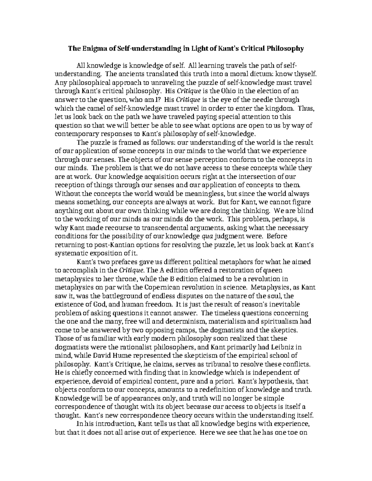 PHIL 302: Summary Lecture on Kant’s Critical Philosophy and Self ...