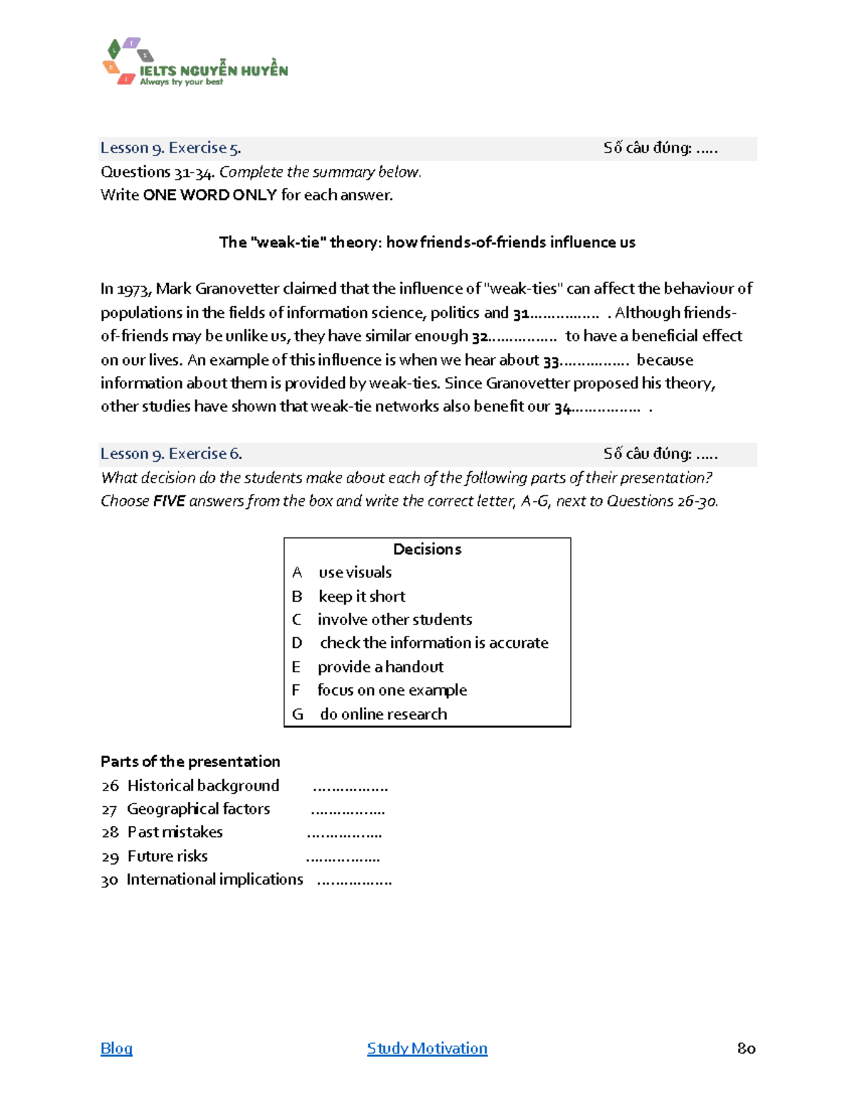 Lesson 9-12 Exercises & Practice Questions Summary - Studocu