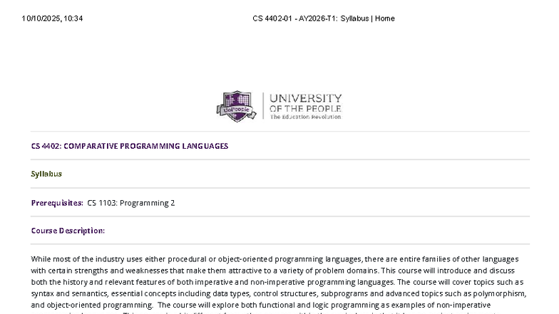 CS 4402: Comparative Programming Languages Syllabus Overview - Studocu