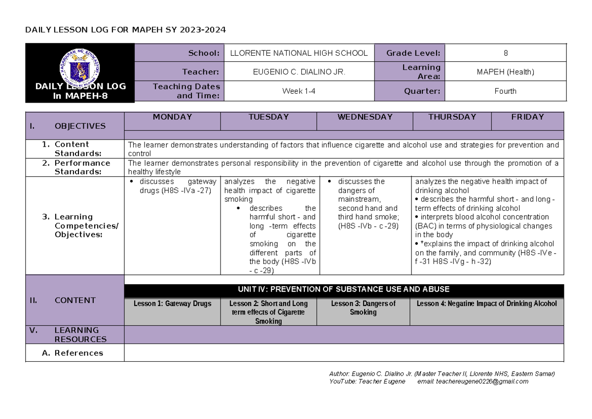 Q4-DLL MAPEH Health Lesson Plans for Weeks 1-4 - Grade 8 - Studocu