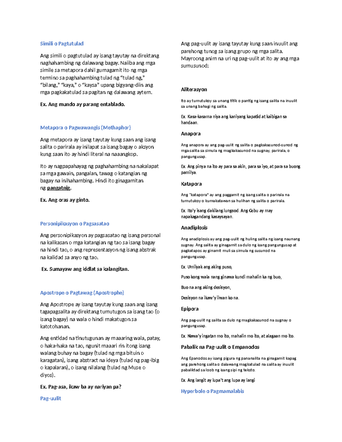 Tayutay - Summary Philippine Literature - Simili o Pagtutulad Ang ...