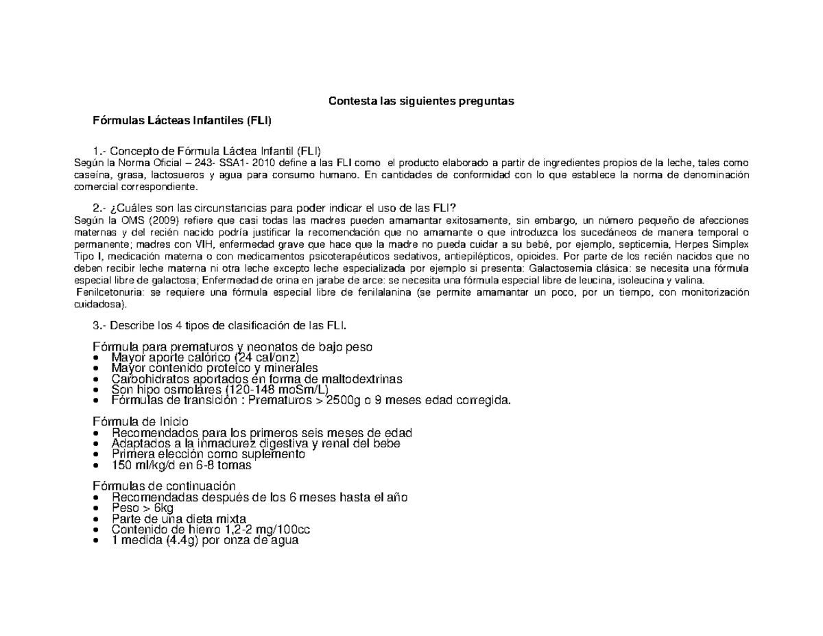 Fórmulas Lácteas Infantiles - Contesta las siguientes preguntas ...