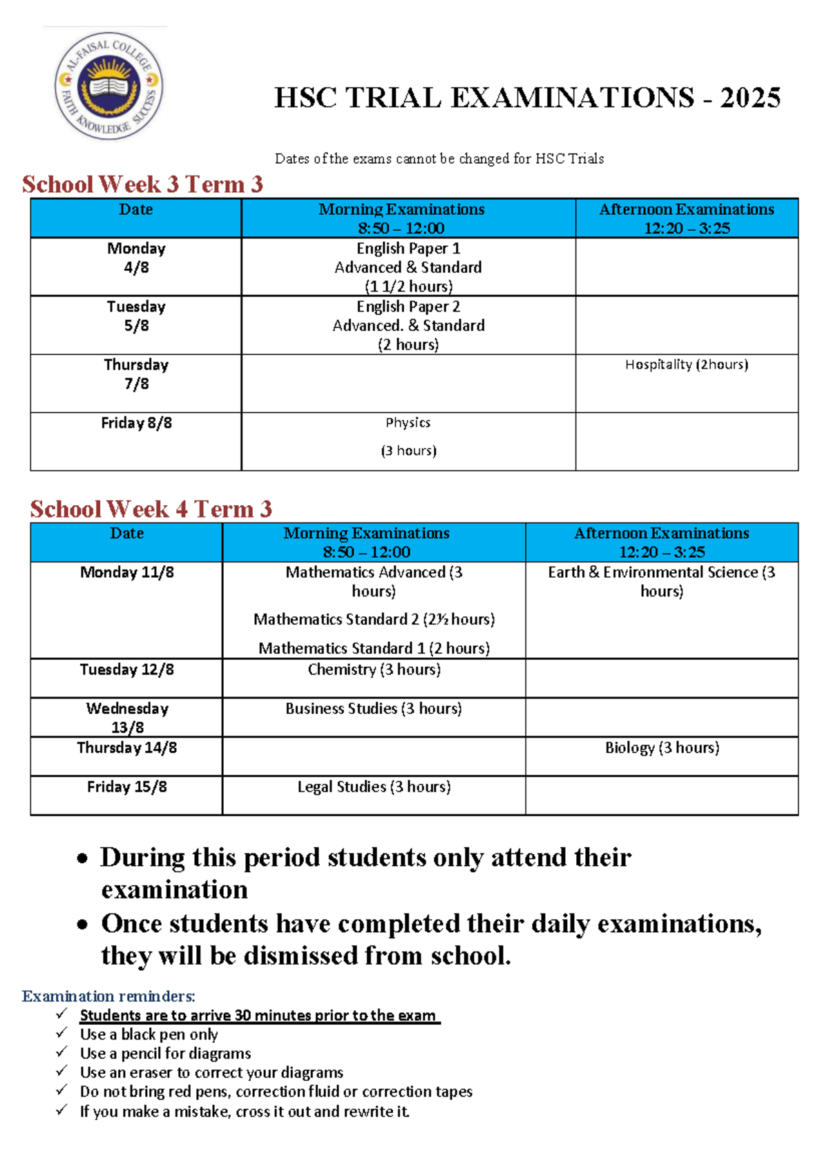 HSC Year 12 Trial Exam Timetable 2025 - Studocu