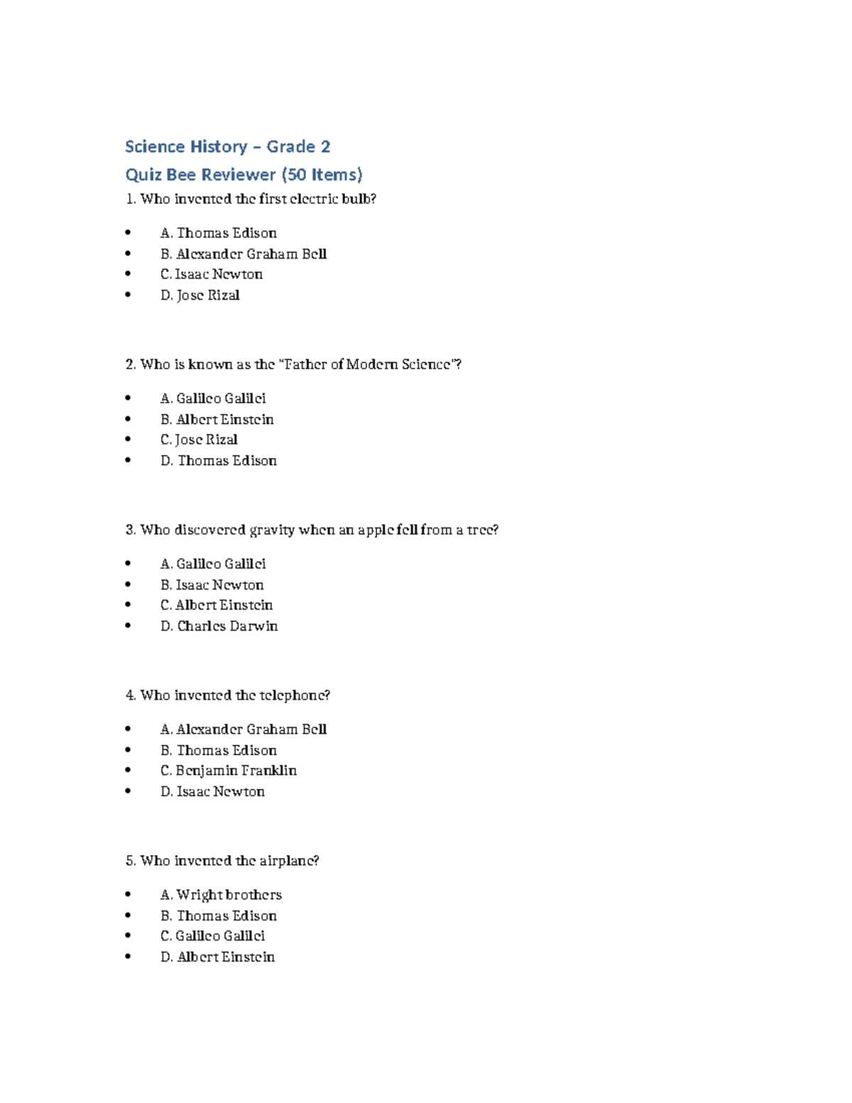 Science History Grade 2 Quiz Bee Reviewer (50 Questions) - Studocu