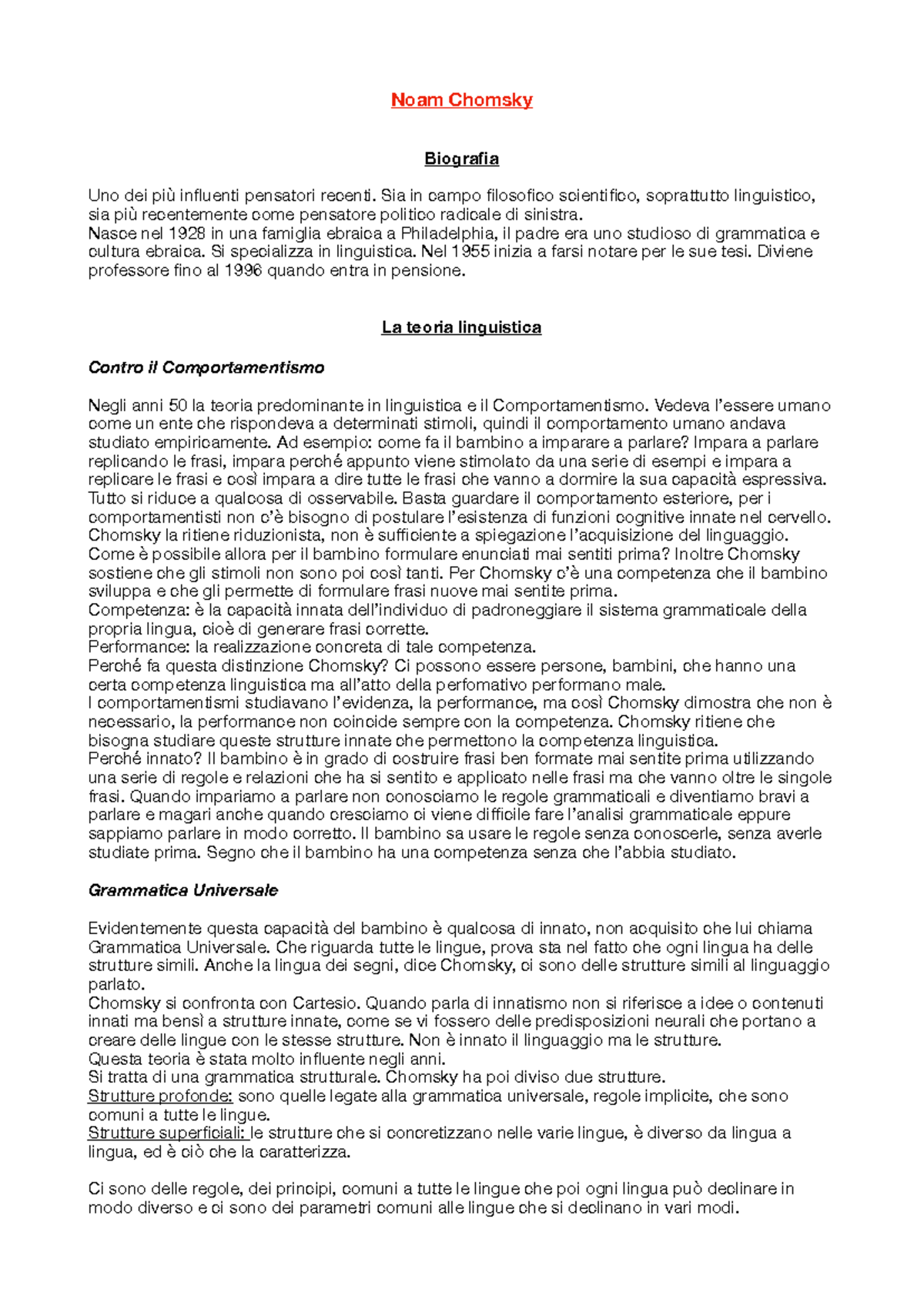 Noam Chomsky: Teoria Linguistica e Grammatica Universale - Studocu