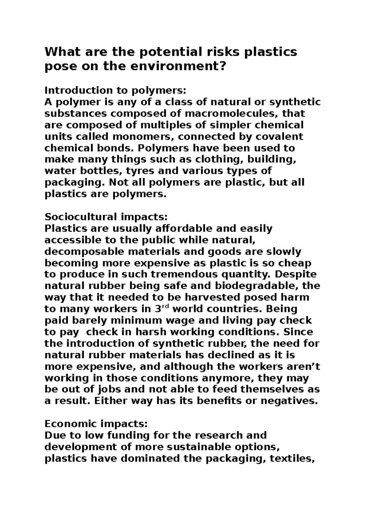 Environmental Risks of Plastics: A Study on Polymers and Their Impact ...