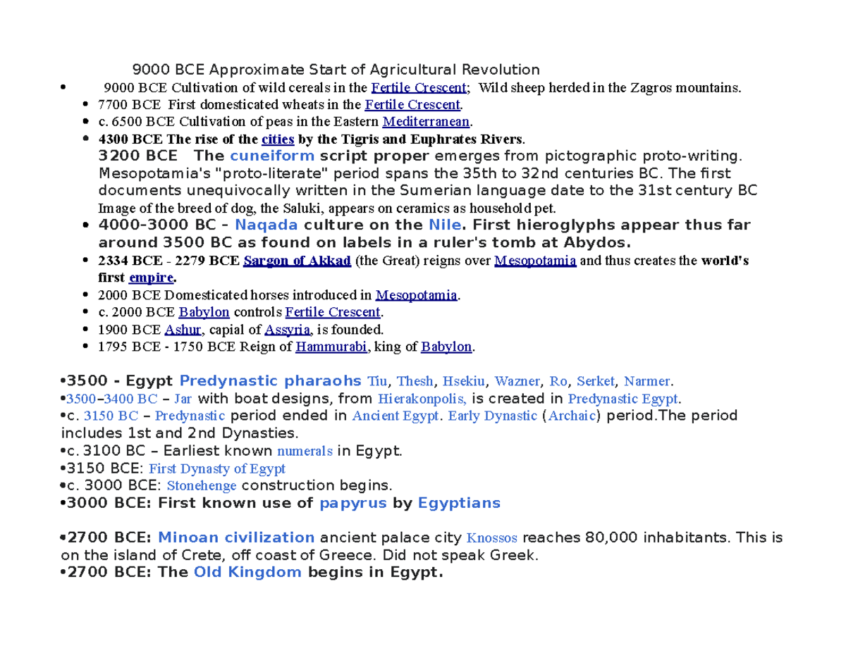 BCE Early World History Timeline: Key Events and Developments - Studocu