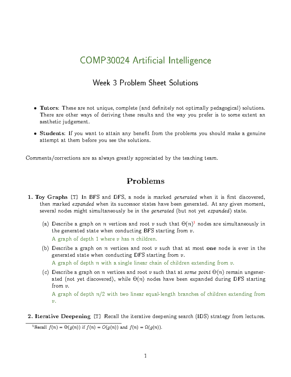 COMP30024 Artificial Intelligence Week 3 Tutorial Solutions - Studocu