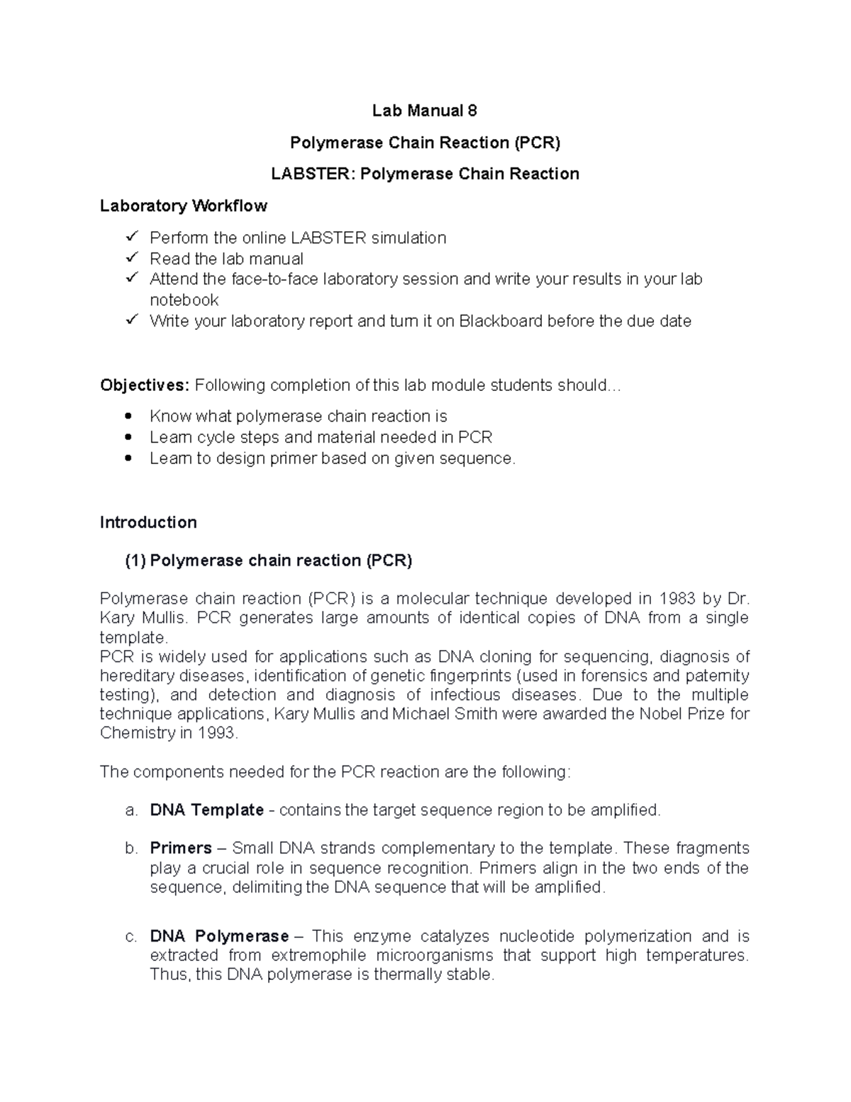 Lab Manual 8: Polymerase Chain Reaction (PCR) Protocol and Analysis ...