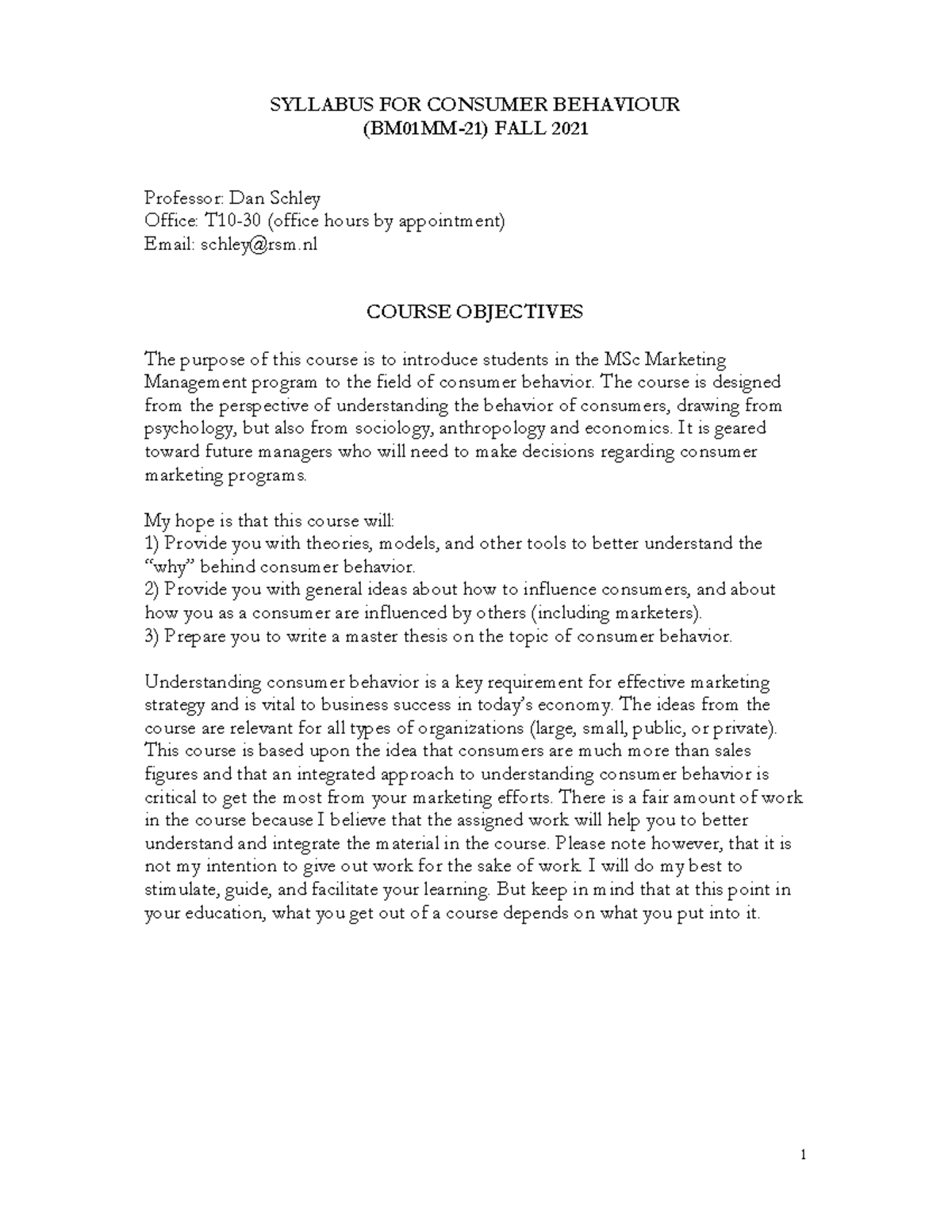 Syllabus for Consumer Behavior (BM01MM-21) Fall 2021 Course Manual ...