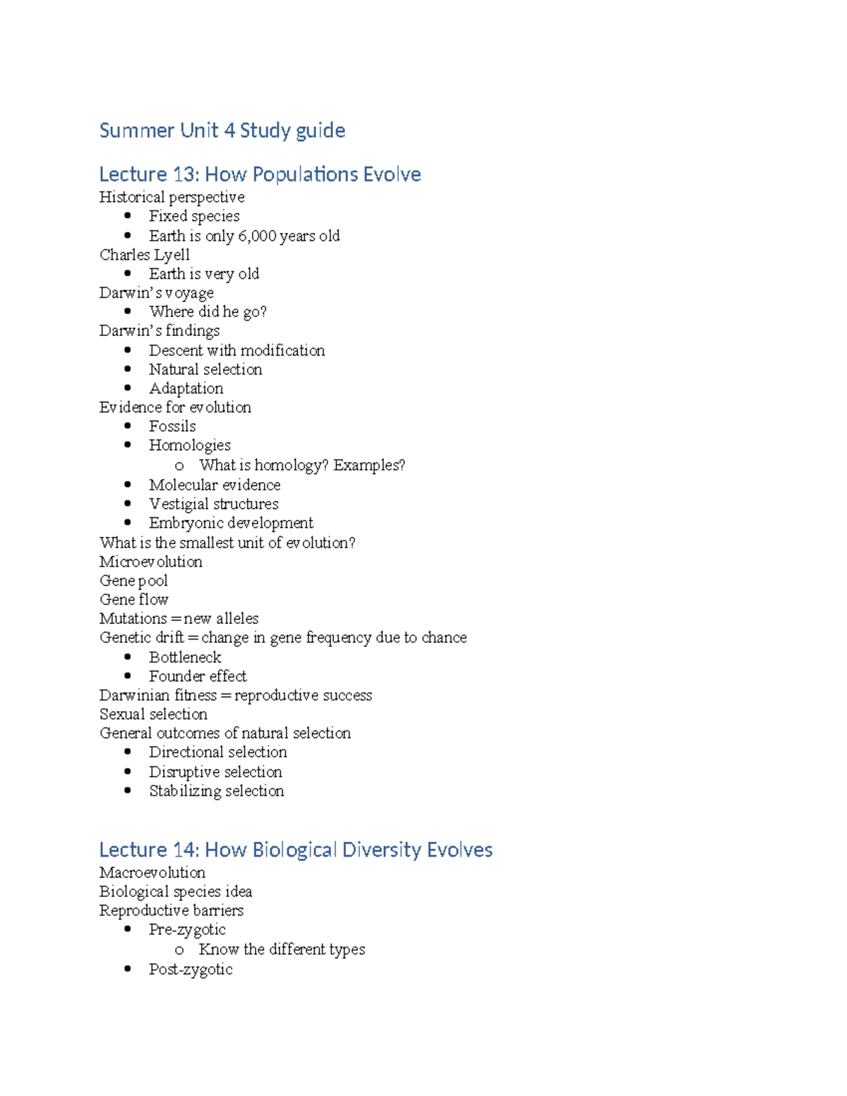 Biology 101: Summer Unit 4 Study Guide on Evolutionary Concepts - Studocu