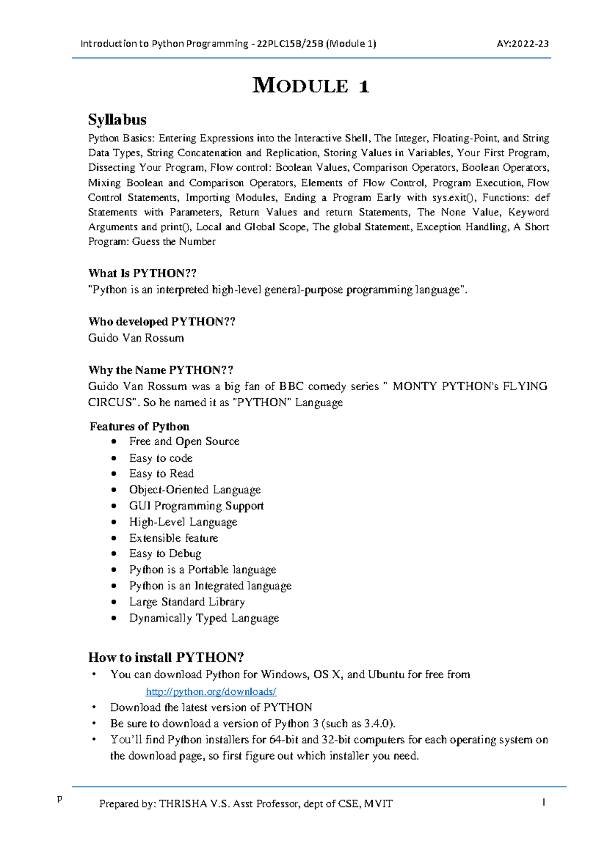 22PLC15B Module 1 - It is simple - p Syllabus MODULE 1 Python Basics ...