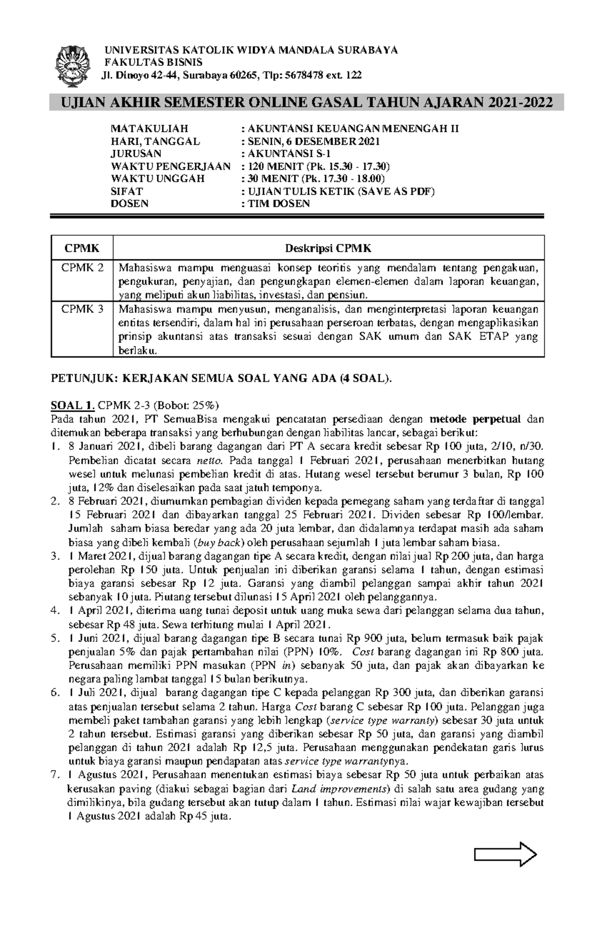 Soal UAS Akuntansi Keuangan Menengah II (AKUKEU2) - Semester Gasal 2021 - Studocu
