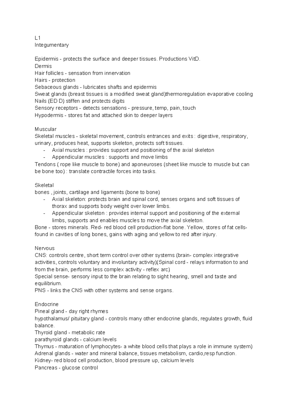 L1 Integumentary and Musculoskeletal System Overview Cheat Sheet - Studocu
