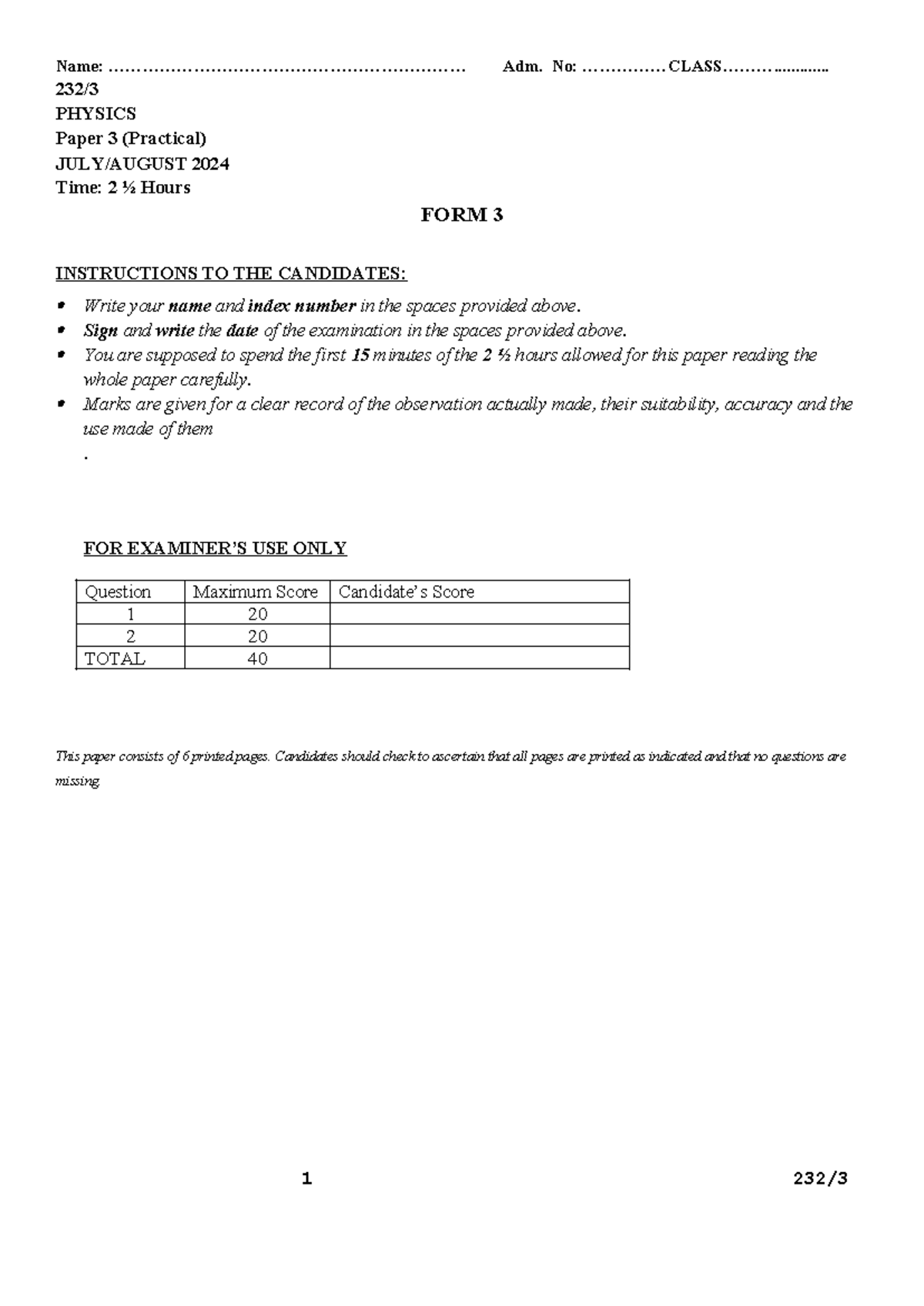 Physics Paper 3 (Practical) 2024 - Form 3 Exam Guide - Studocu