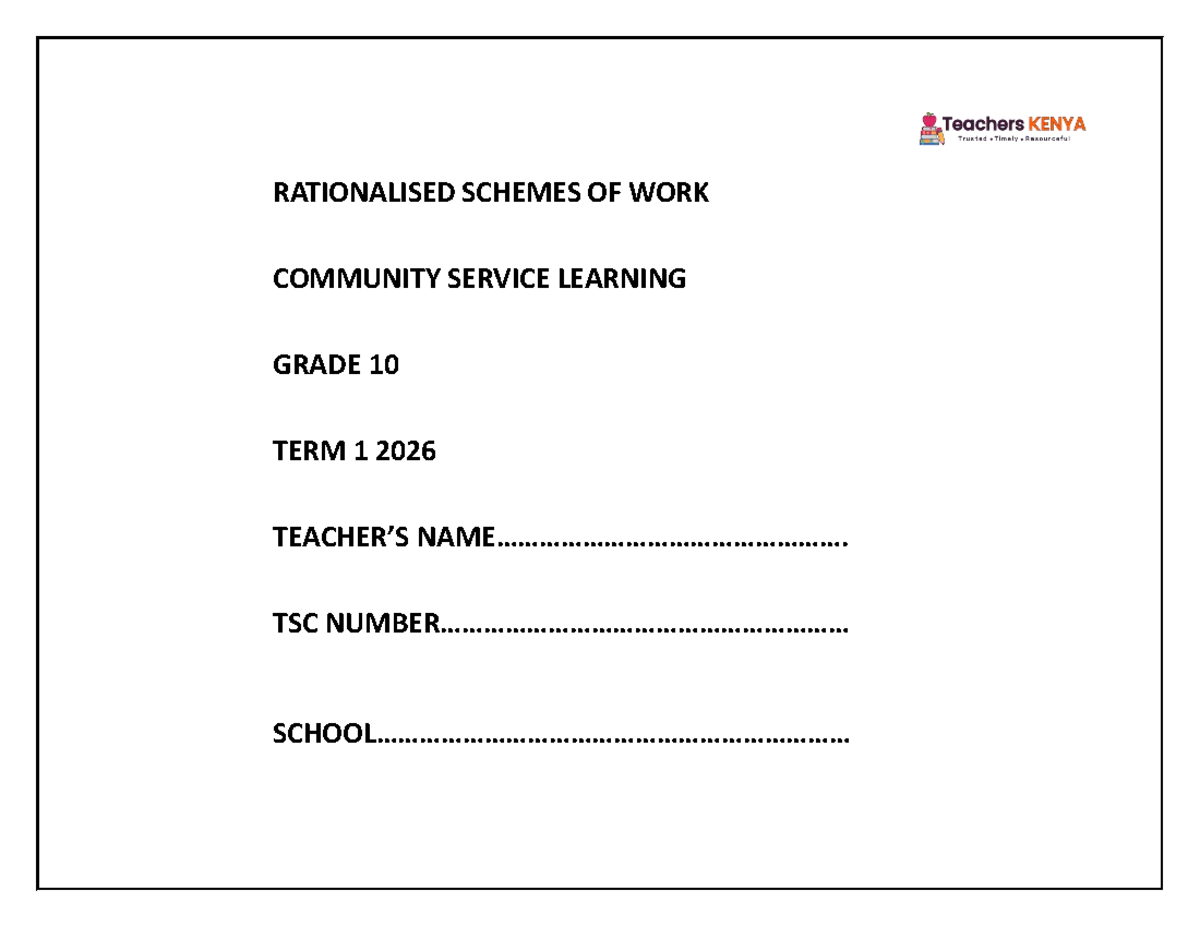 TERM 1 GRADE 10 COMMUNITY SERVICE LEARNING SCHEMES OF WORK - Studocu