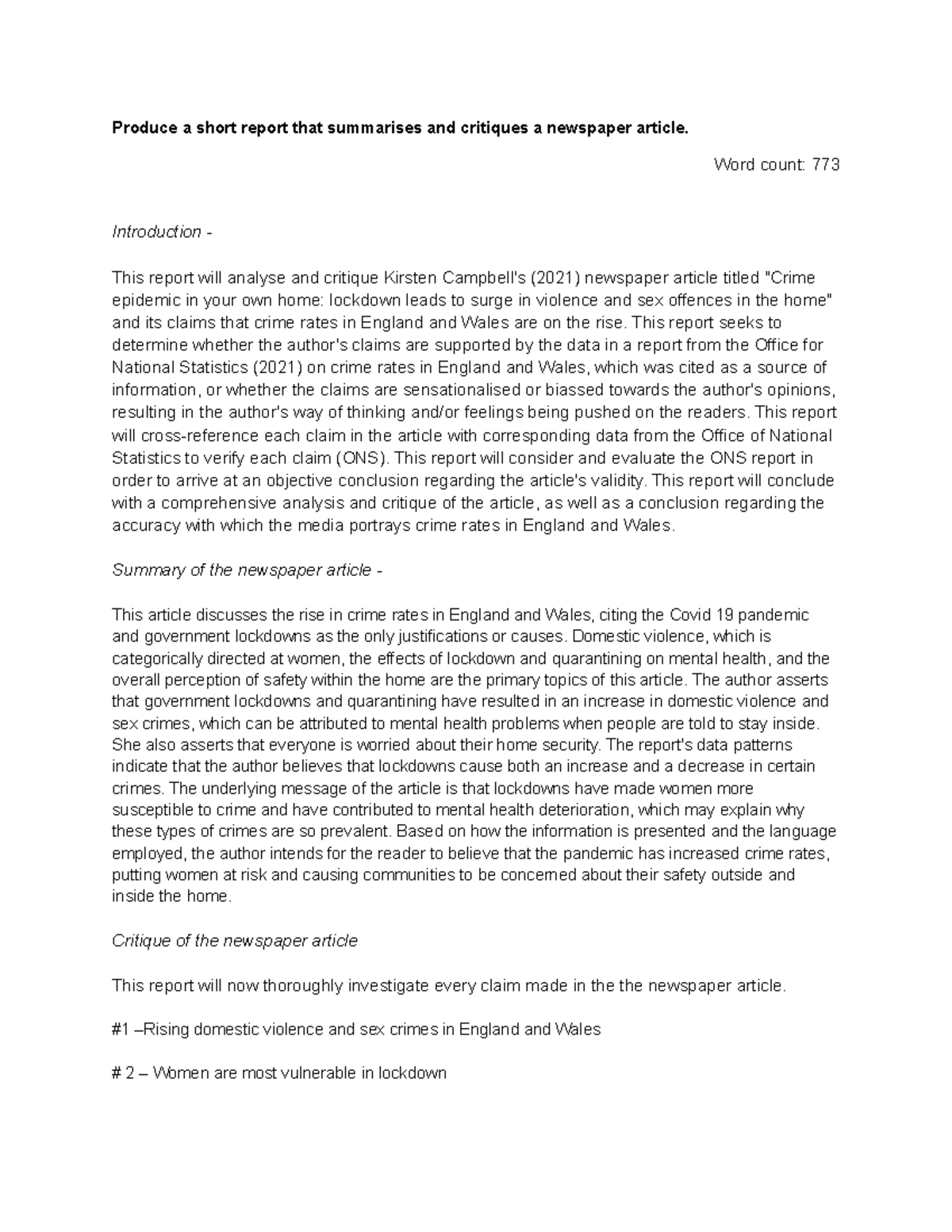 TMA01 DD310 Report: Critique of Crime Article and ONS Data Analysis ...