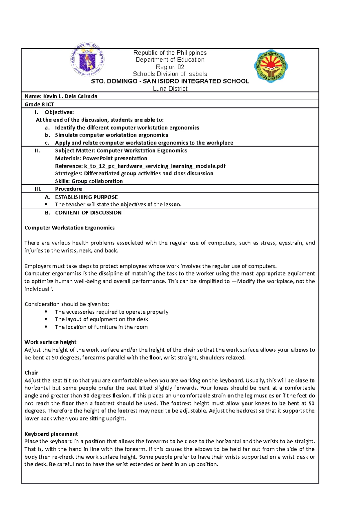 Lesson 7 DLP Grade 8 TLE-ICT ( Evaluate Hazard AND Risks) - School ...