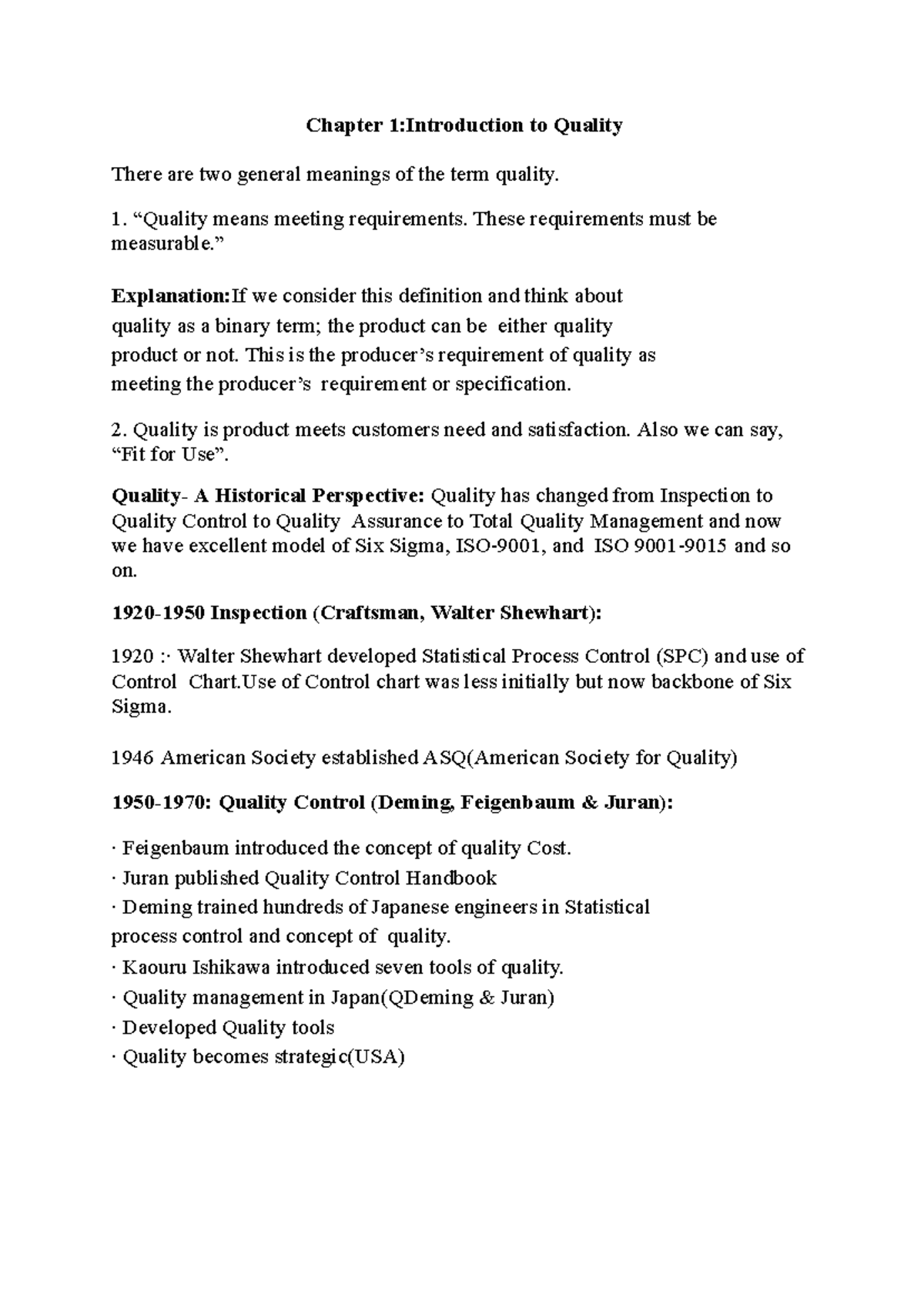 Chapter 1: Introduction to Quality Management (Course Code: SQTA) - Studocu