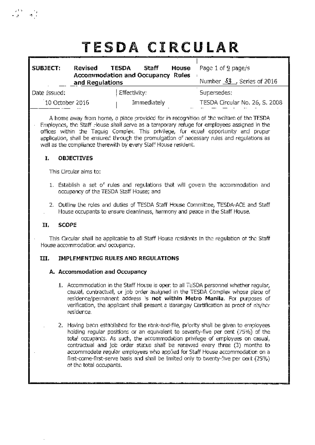 Revised TESDA Staff House Accommodation Rules (Circular 053-2016) - Studocu