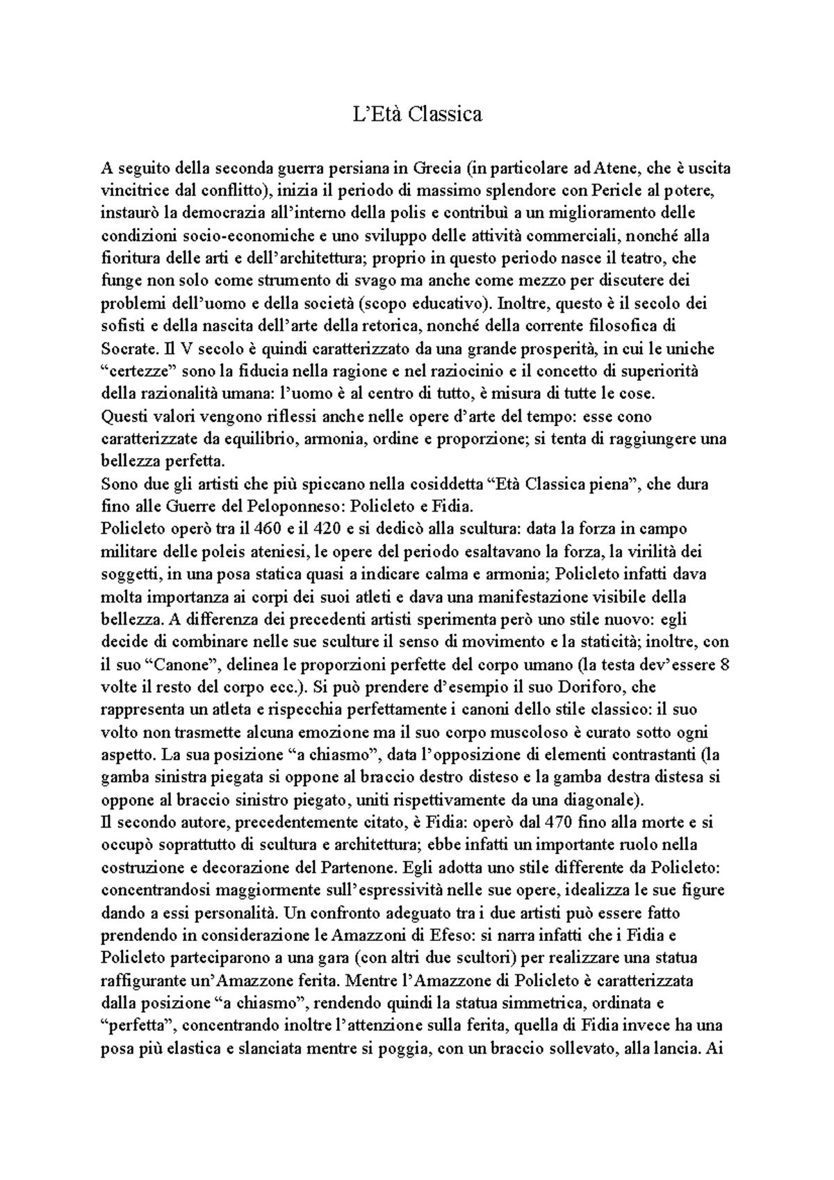 L'Età Classica nell'Arte: Policleto e Fidia a Confronto - Studocu