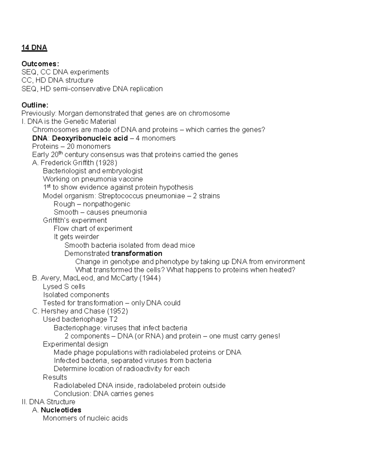 Outline 14 DNA: SEQ, CC DNA Experiments & Structure Notes - Studocu