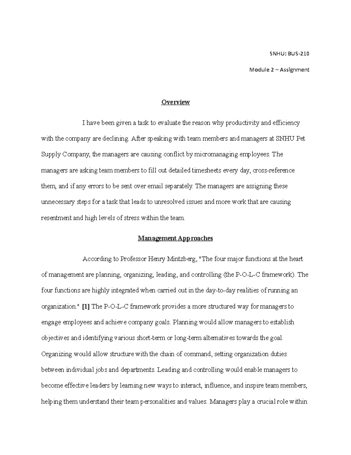 Module 2 - Management Approaches - SNHU: BUS- Module 2 – Assignment ...