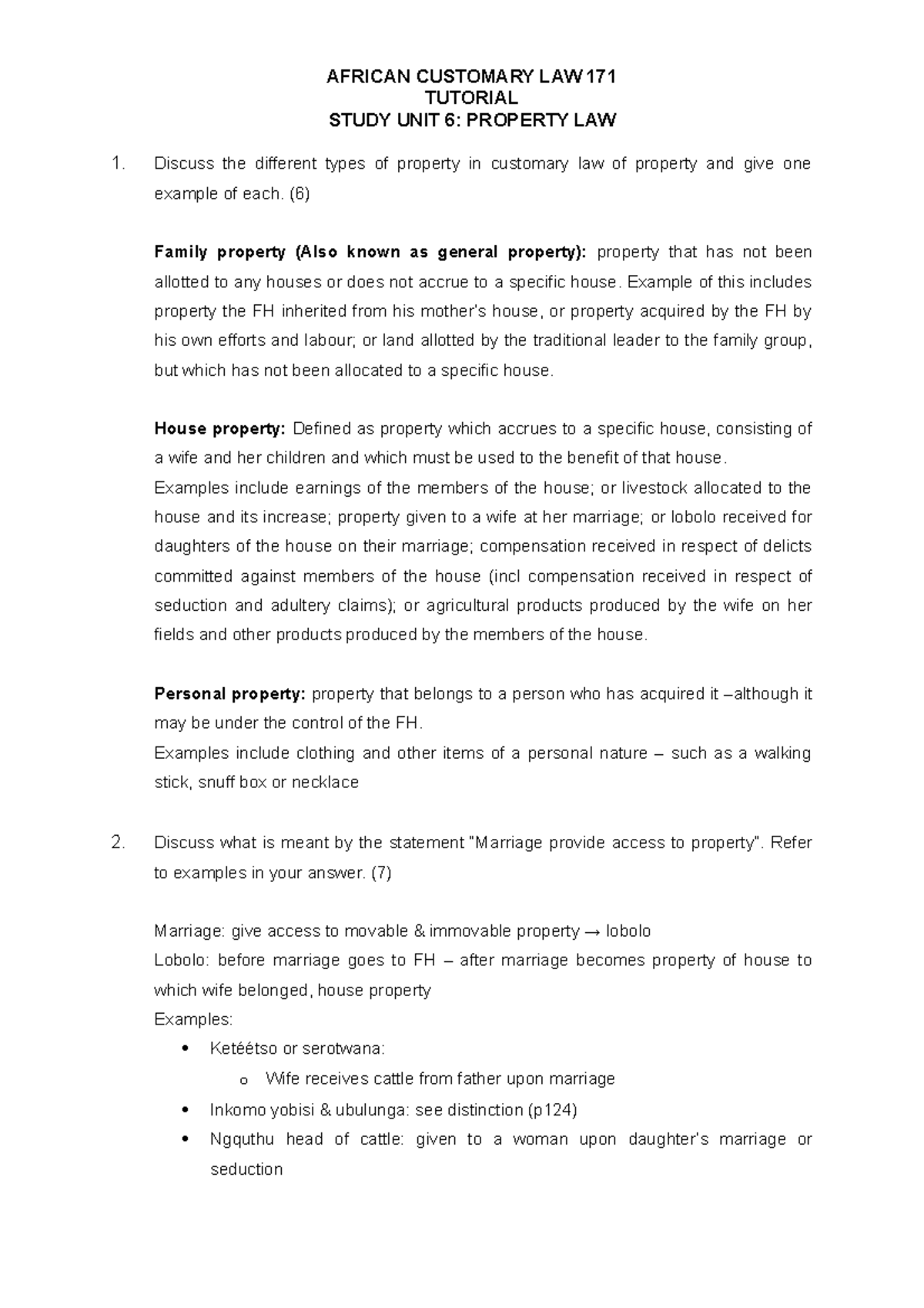 Tutorial SU 6 - MEMO - tut 6 memo - AFRICAN CUSTOMARY LAW 171 TUTORIAL STUDY UNIT 6: PROPERTY ...