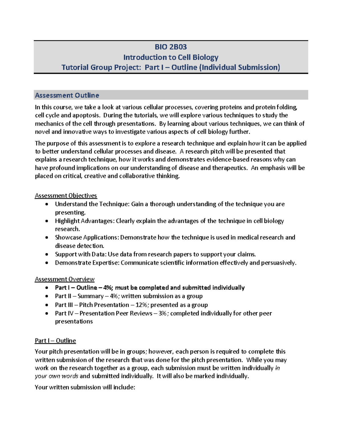 BIO 2B03 Cell Biology Tutorial Project: Part I Outline Guide - Studocu