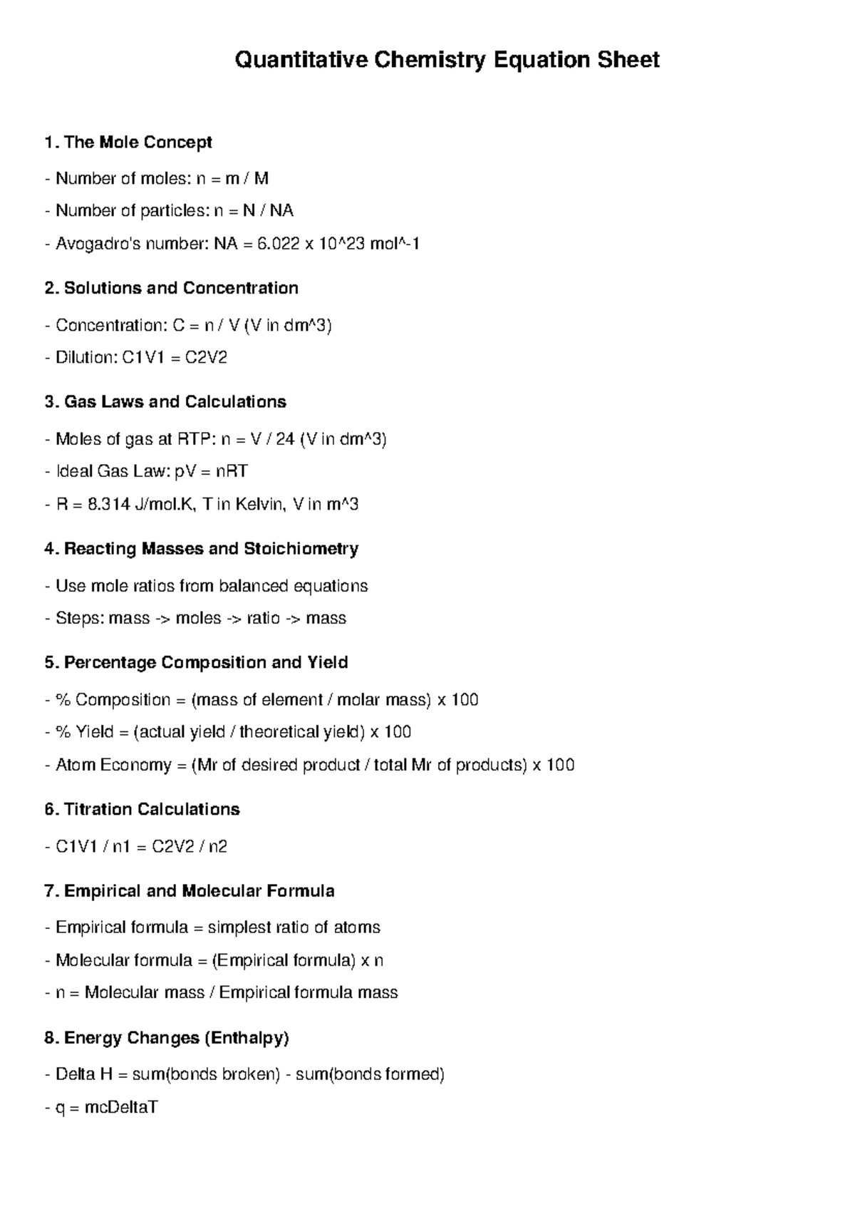 Quantitative Chemistry Equation Sheet 1: Key Concepts and Formulas ...