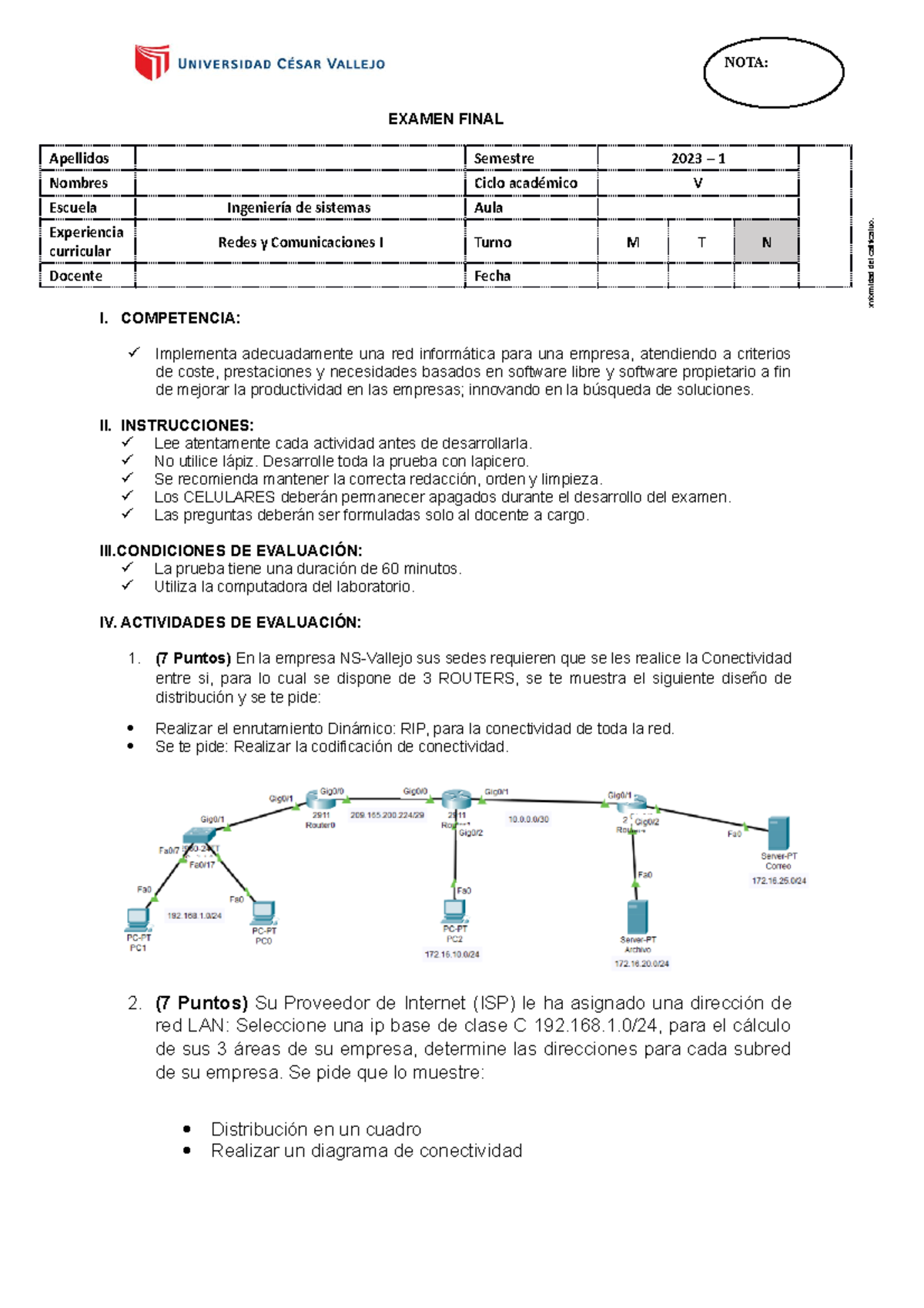 Redes y Comunicaciones I Examen Final 2023 - Instrucciones y Actividades - Studocu