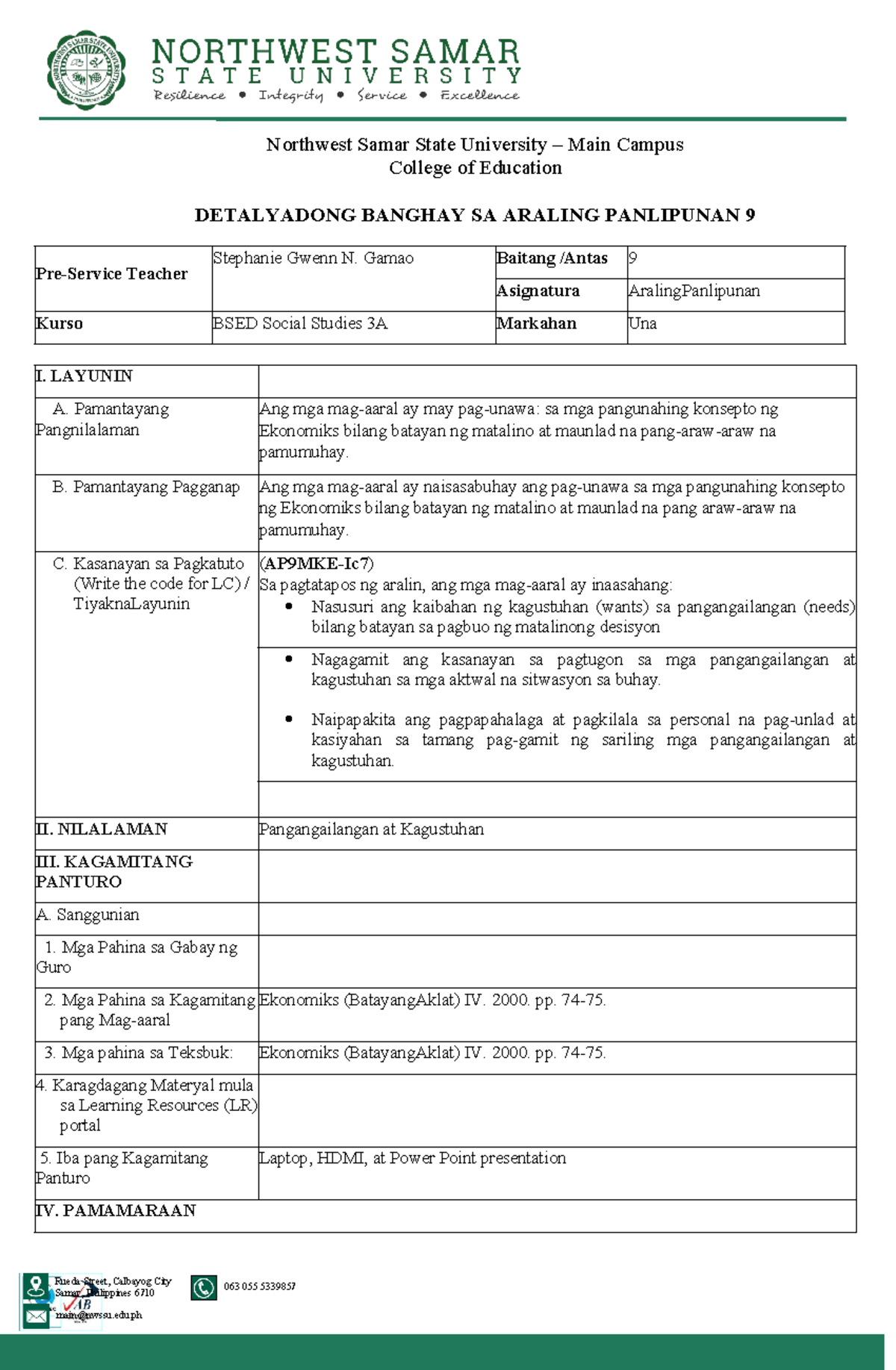 Lesson Plan: Pangangailangan at Kagustuhan (AP9MKE-Ic7) - Studocu