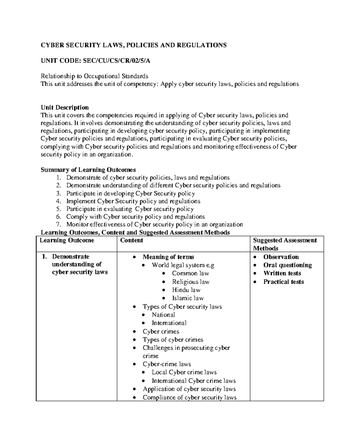 Cyber Security Laws and Regulations SEC/CU/CS/CR/02/5/A Manual - Studocu