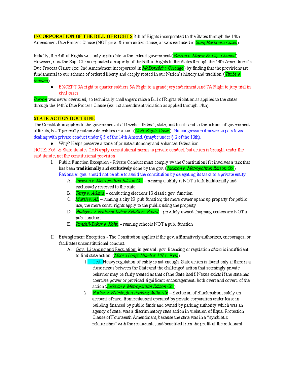 Con law outline - INCORPORATION OF THE BILL OF RIGHTS Bill of Rights ...