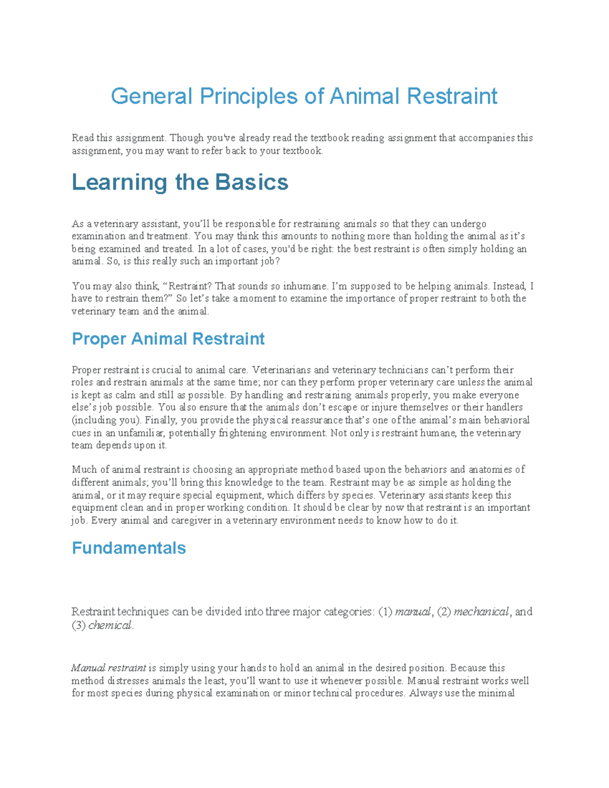 Handling and restraint techniques for veterinary assistants (VET 101 ...