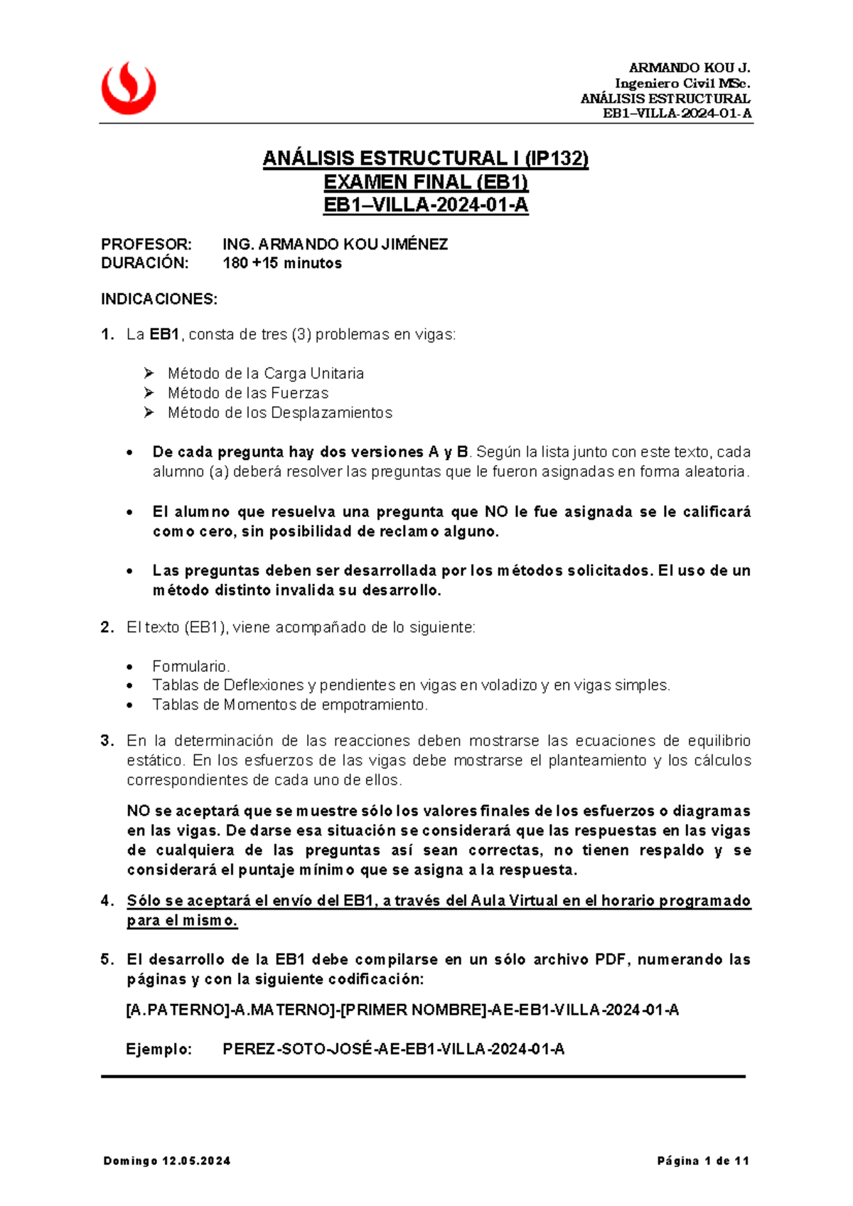 IP132 - ANÁLISIS ESTRUCTURAL I - Examen Final (EB1) 2024 - Studocu