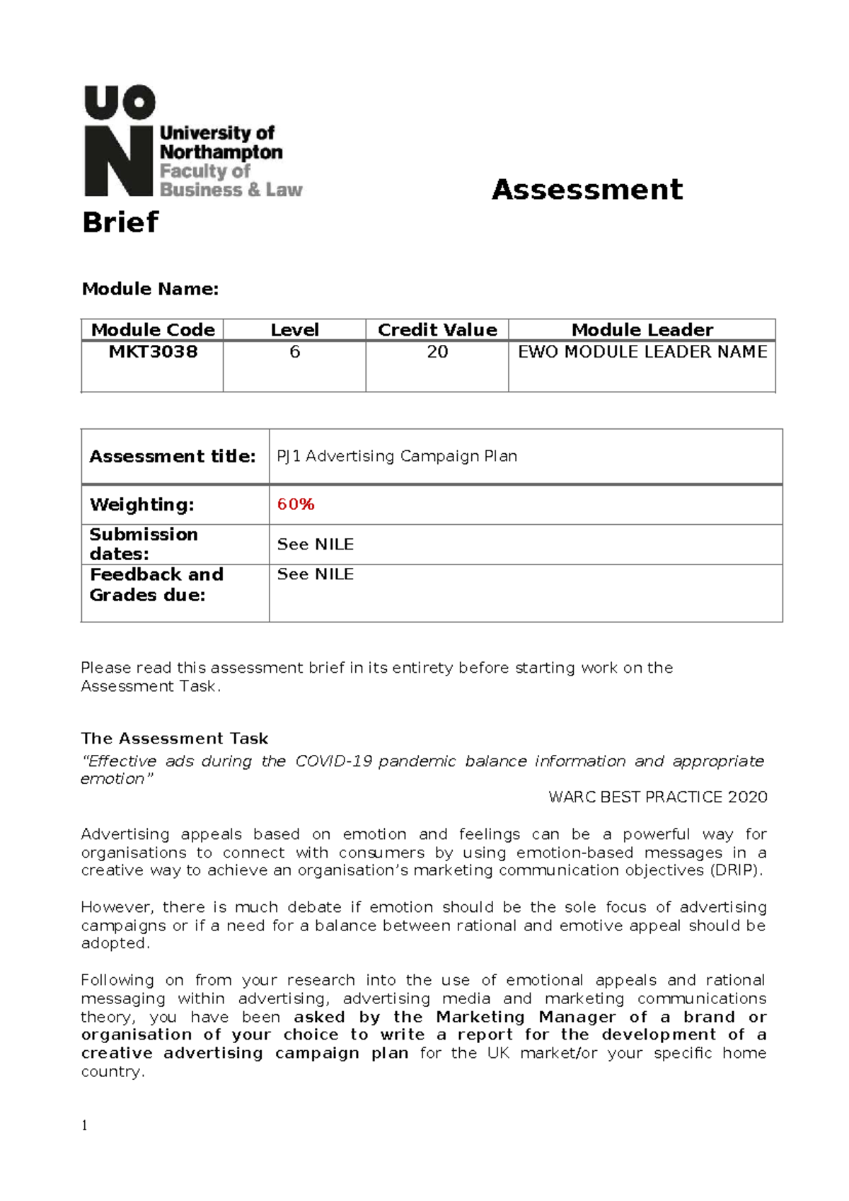 MKT3038 Level 6 PJ1 Advertising Campaign Plan Assessment Brief - Studocu