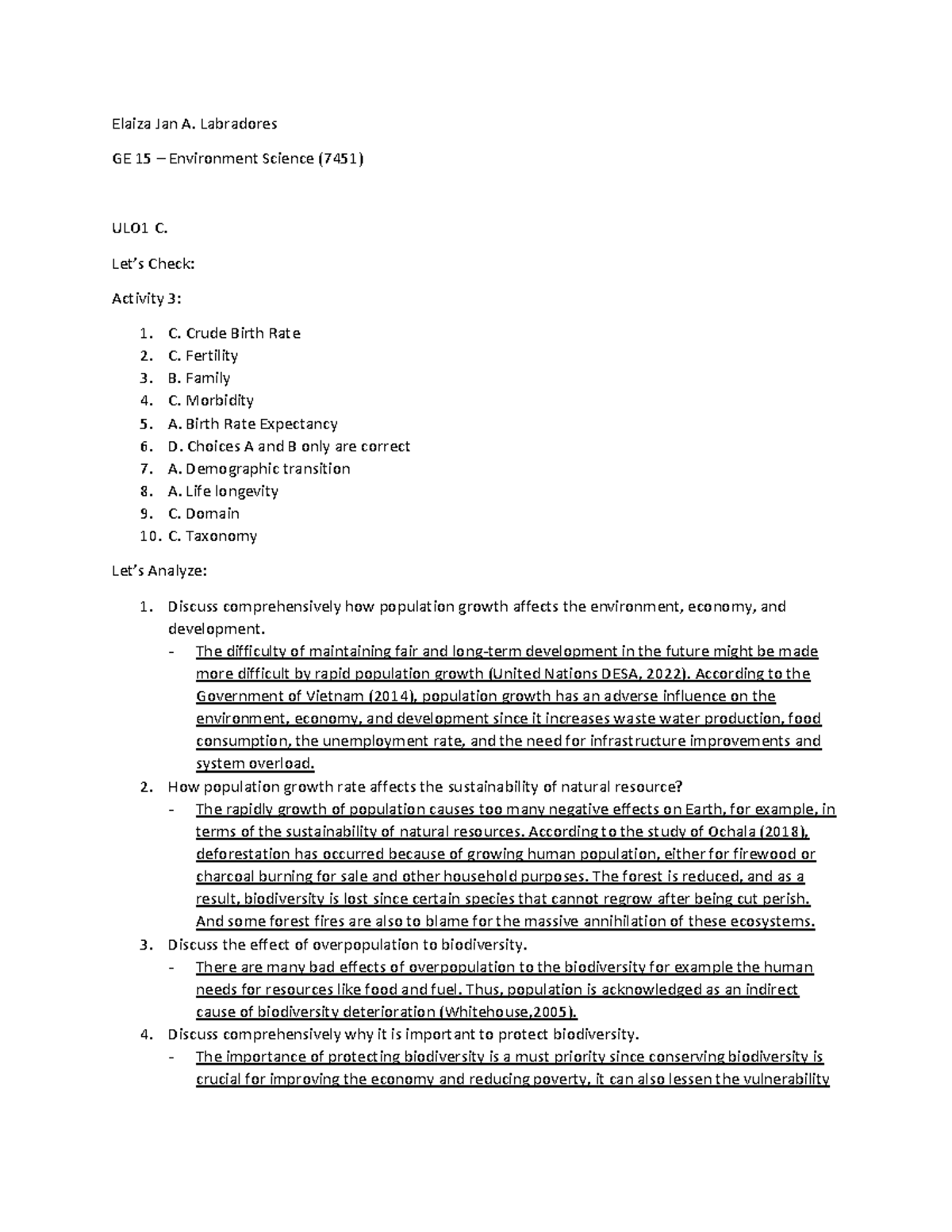 GE 15 Final Exam Study Guide - ULO1C Population and Environment - Studocu