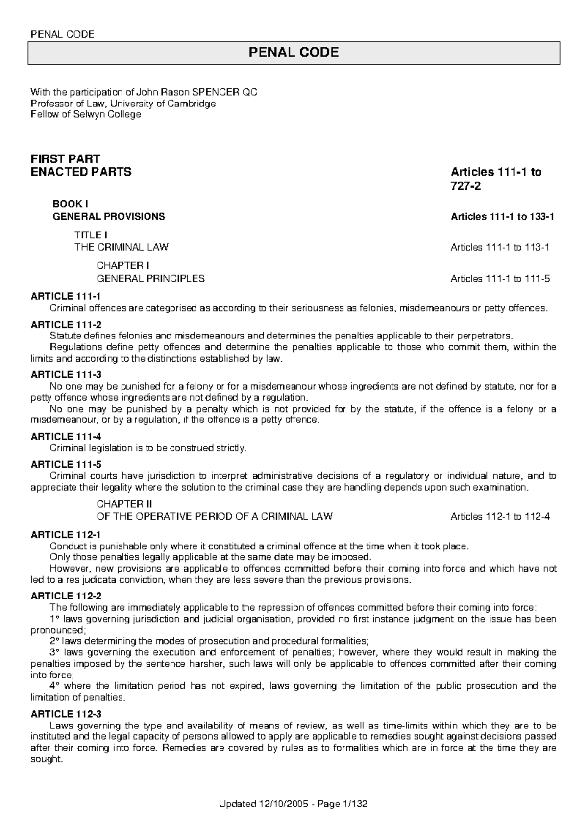 French Penal Code Overview: Key Articles 111-1 to 133-6 Summary - Studocu