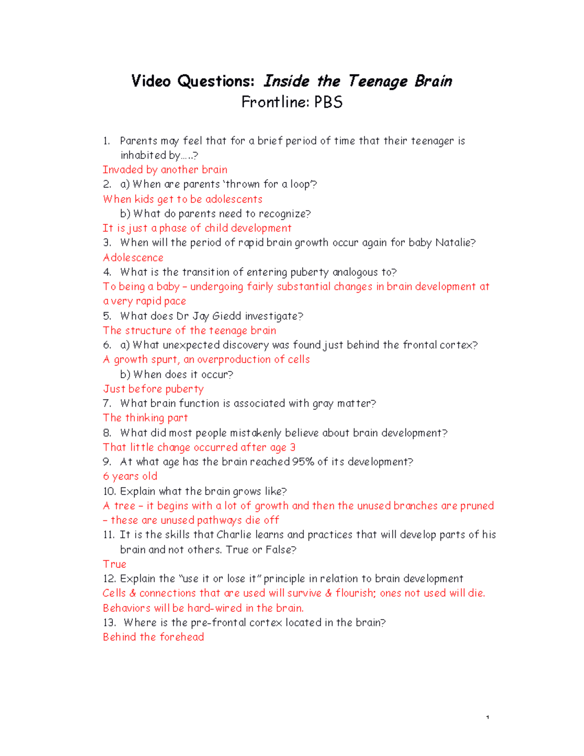 TEEN Brain Video Question Answers 3-2-16 - Video Questions: Inside the ...