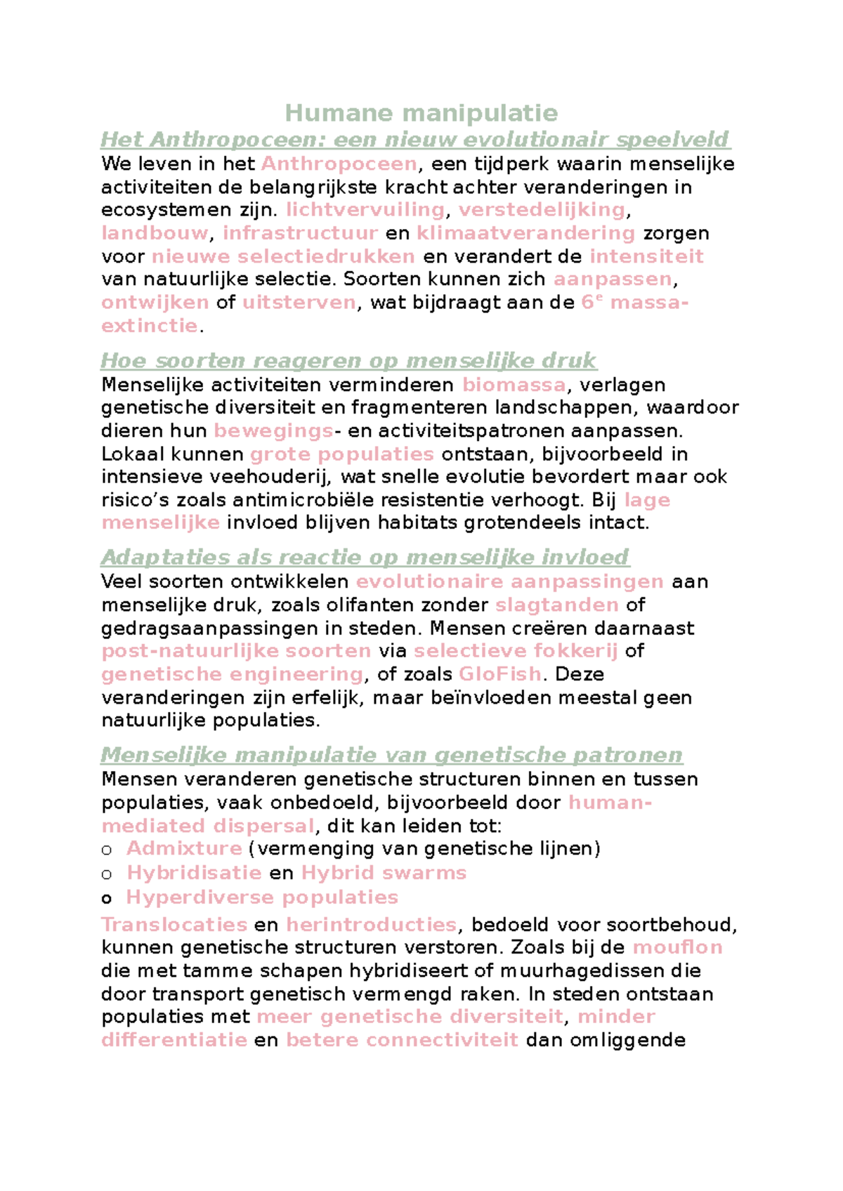 Humane Manipulatie in het Anthropoceen: Evolutie en Ecologie - Studeersnel