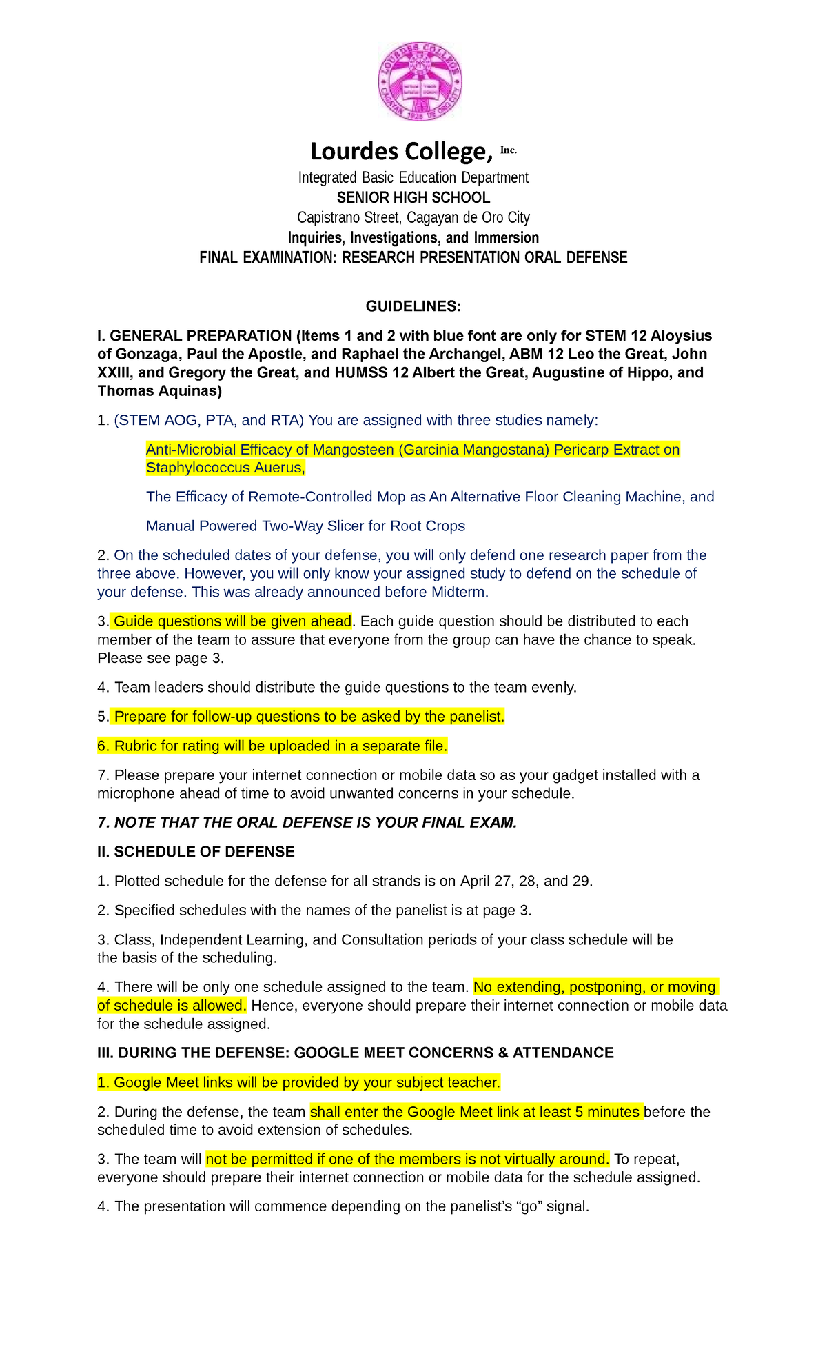 Grade 12 Oral Defense - General Guidelines, Schedule, and Guide Topics ...